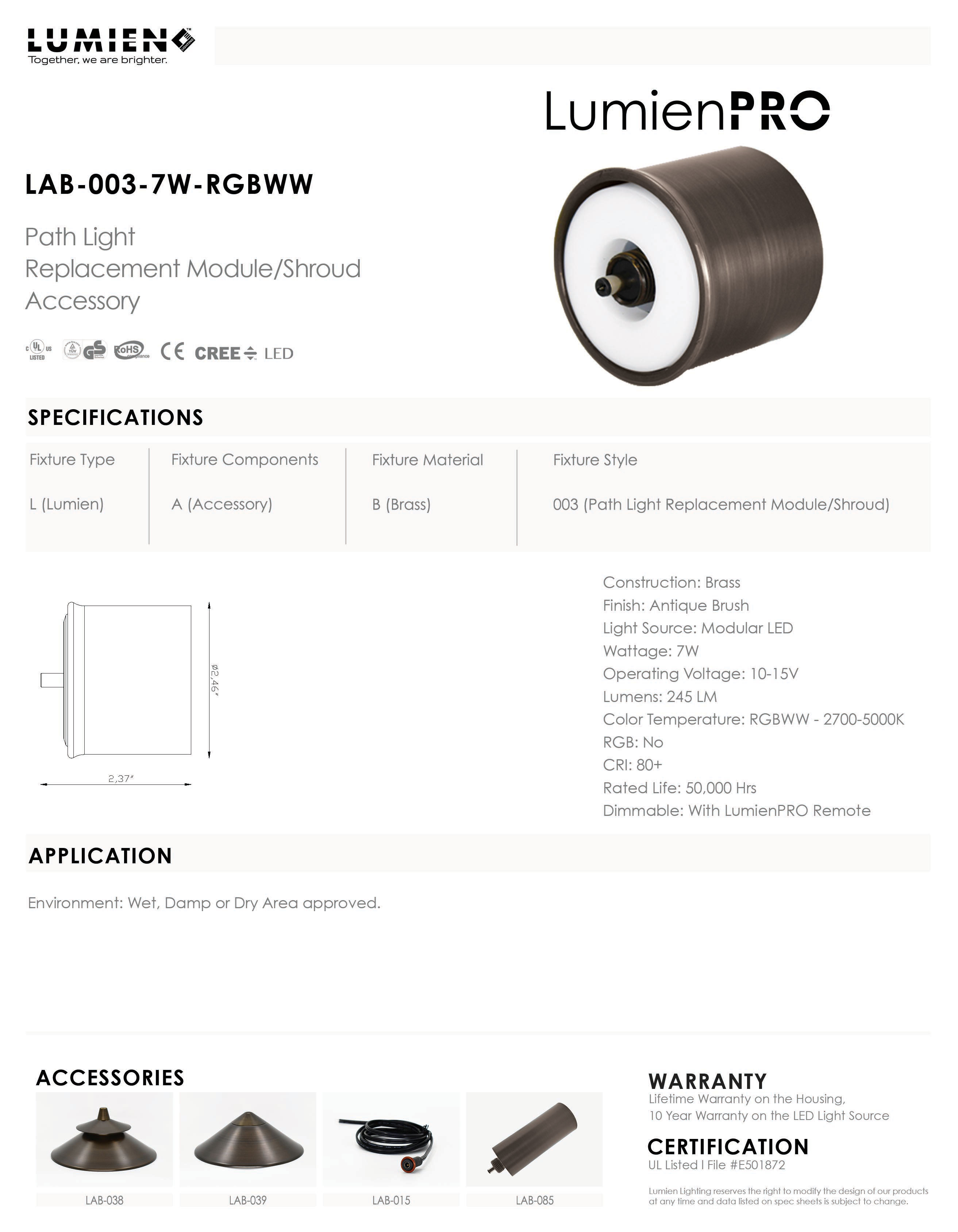 Accessory, Path Light Replacement Module/Shroud, 7 Watts, 245 Lumens ...