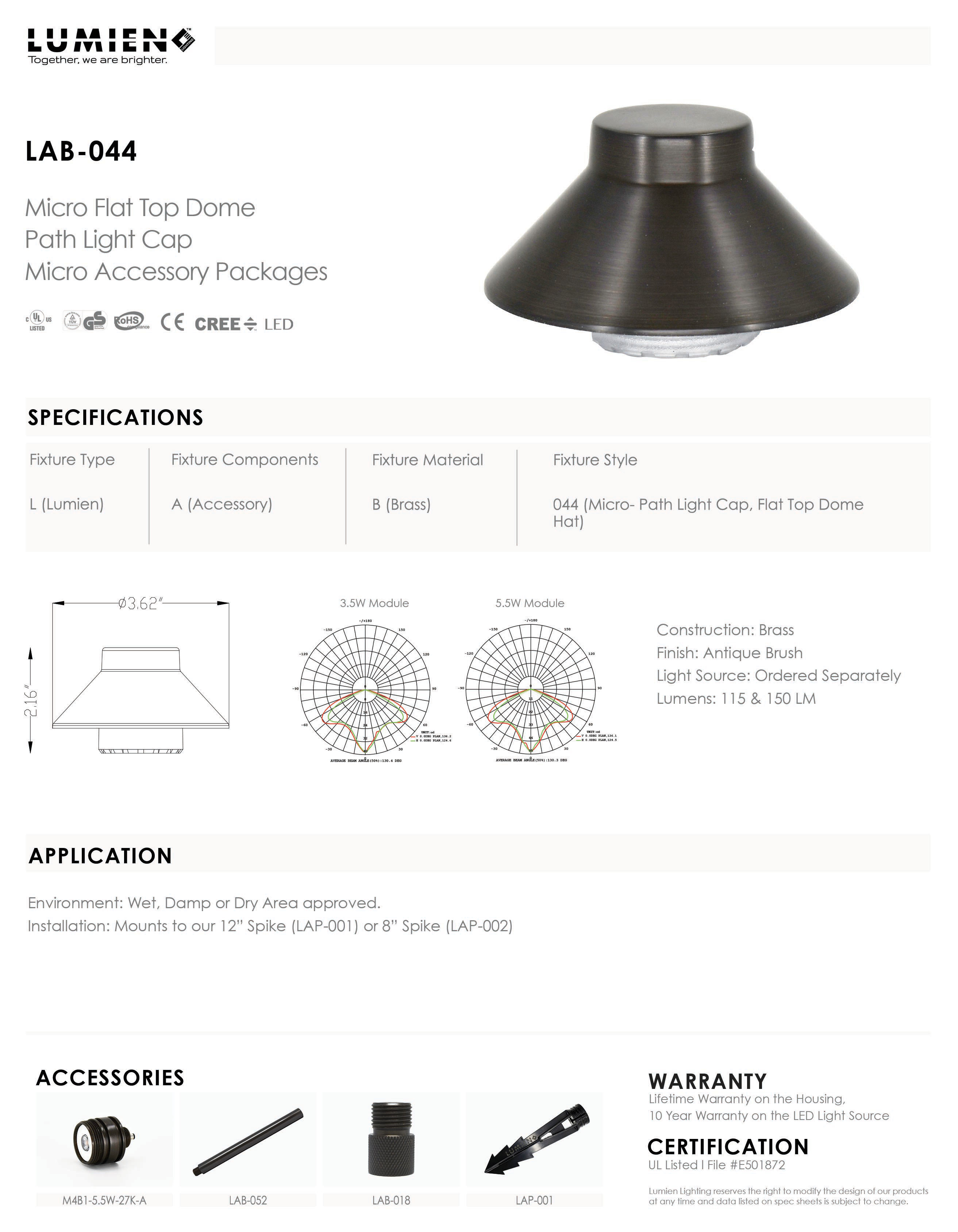 Brass Micro Path Light Cap Only, Flat Top Dome Hat | Lumien Lighting